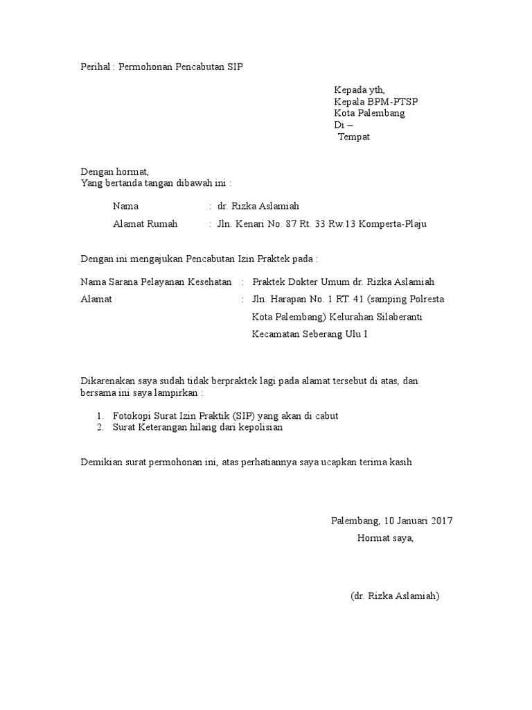 Permohonan Pencabutan SIP - Surat Ijin Praktek | PDF