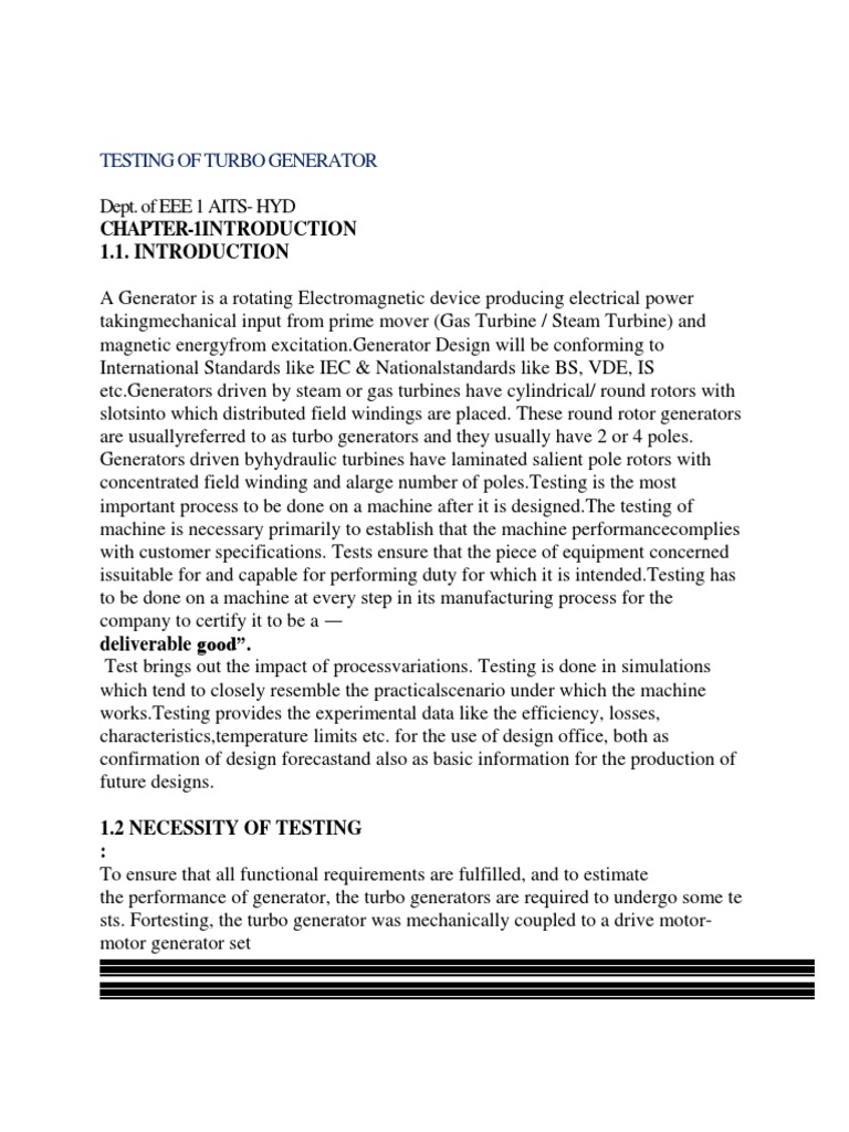 Testing of Turbo Generator: Chapter-1Introduction | PDF | Electric ...