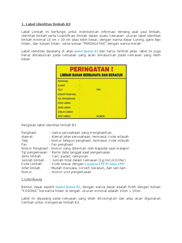 Panduan Label Limbah B3 dan Ukurannya | PDF