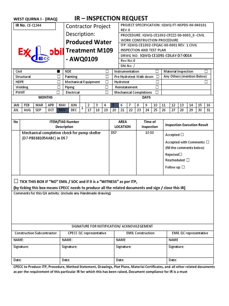IR No CE-C1344 Mechanical Completion Check For Pump Shelter (D7 ...