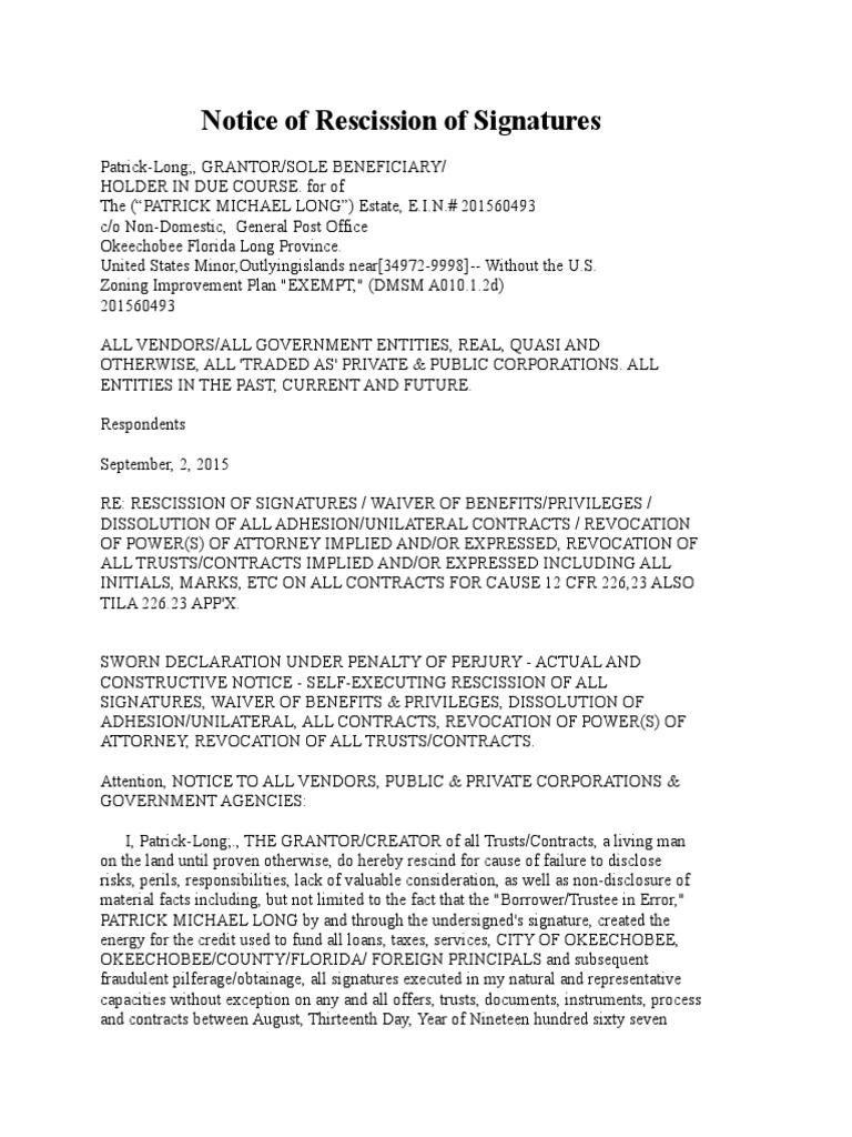 Notice of Rescission of Signatures Patrick-Long . | PDF | Trust Law ...