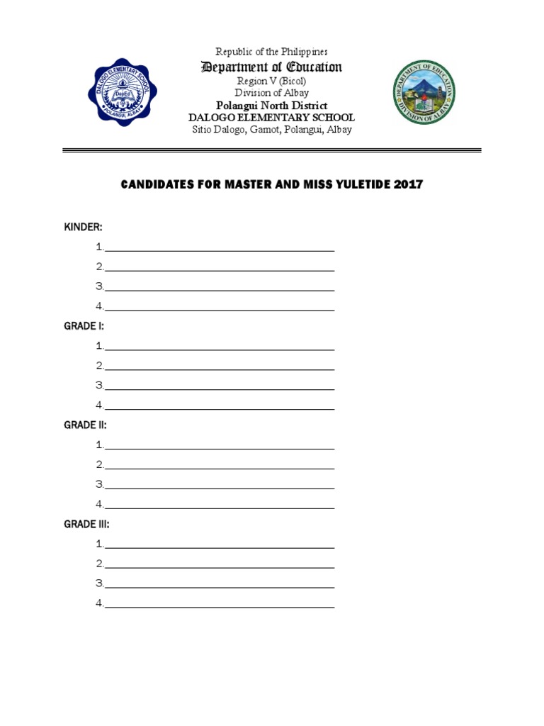 Department of Education: Candidates For Master and Miss Yuletide 2017 | PDF
