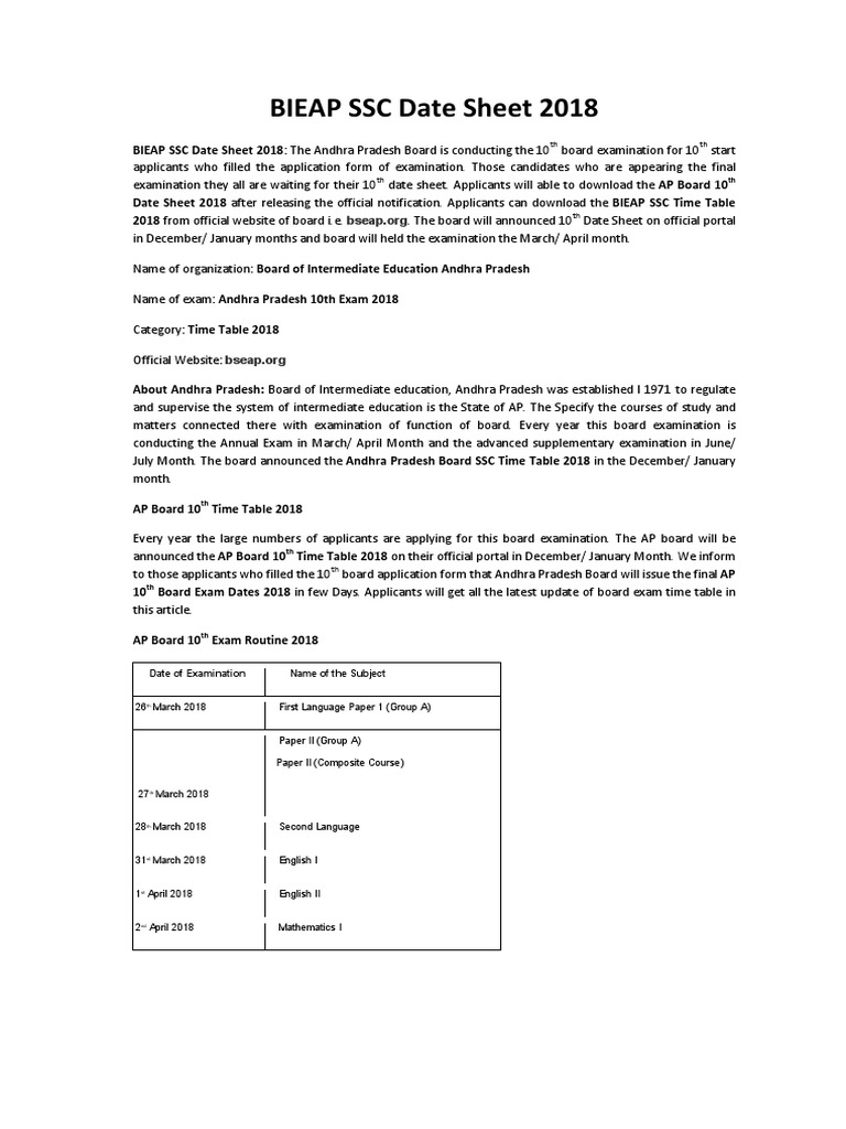 Bieap SSC Date Sheet 2017 | PDF | School Types | Test (Assessment)