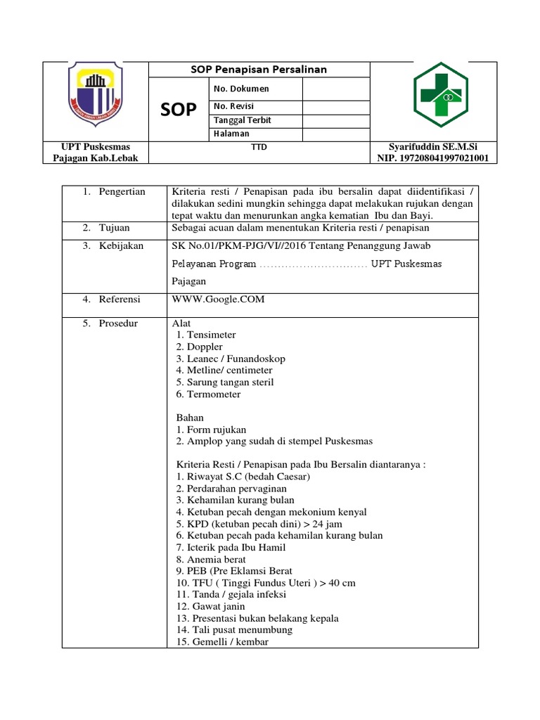 SOP Penapisan Persalinan | PDF