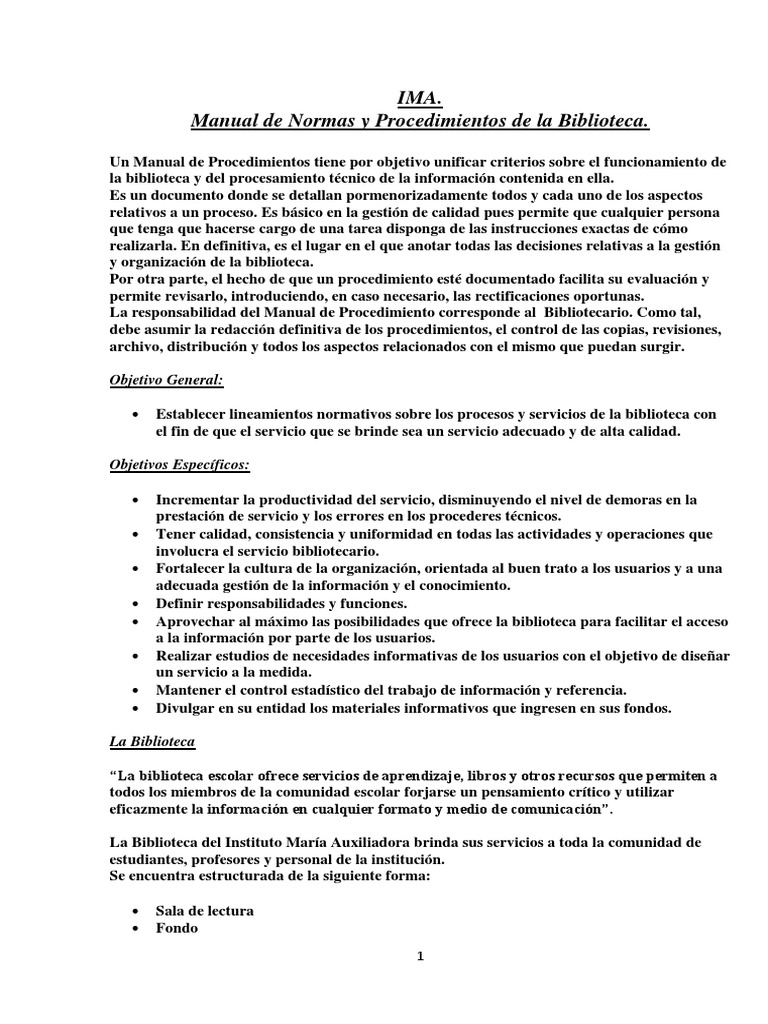 Ima Manual De Procedimiento De La Biblioteca Pdf Bibliotecas