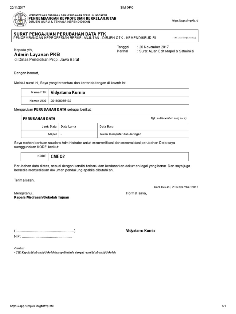 Surat Pengajuan Perubahan Data PTK PDF | PDF