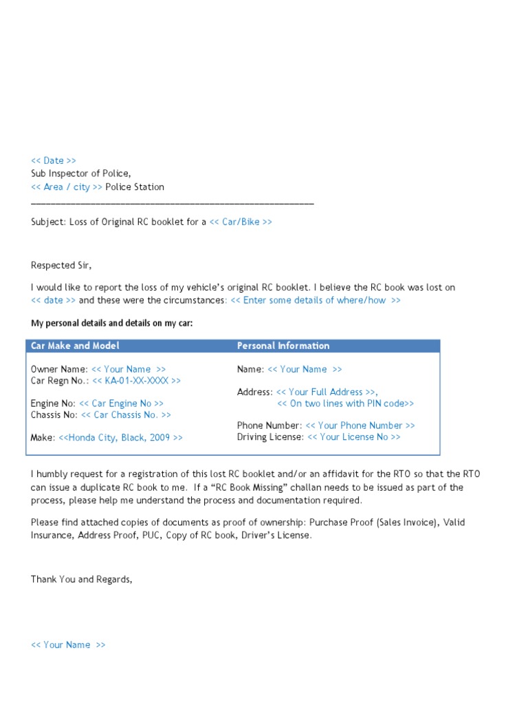 Lost RC Book Report and Request | PDF | Driver's License | Car