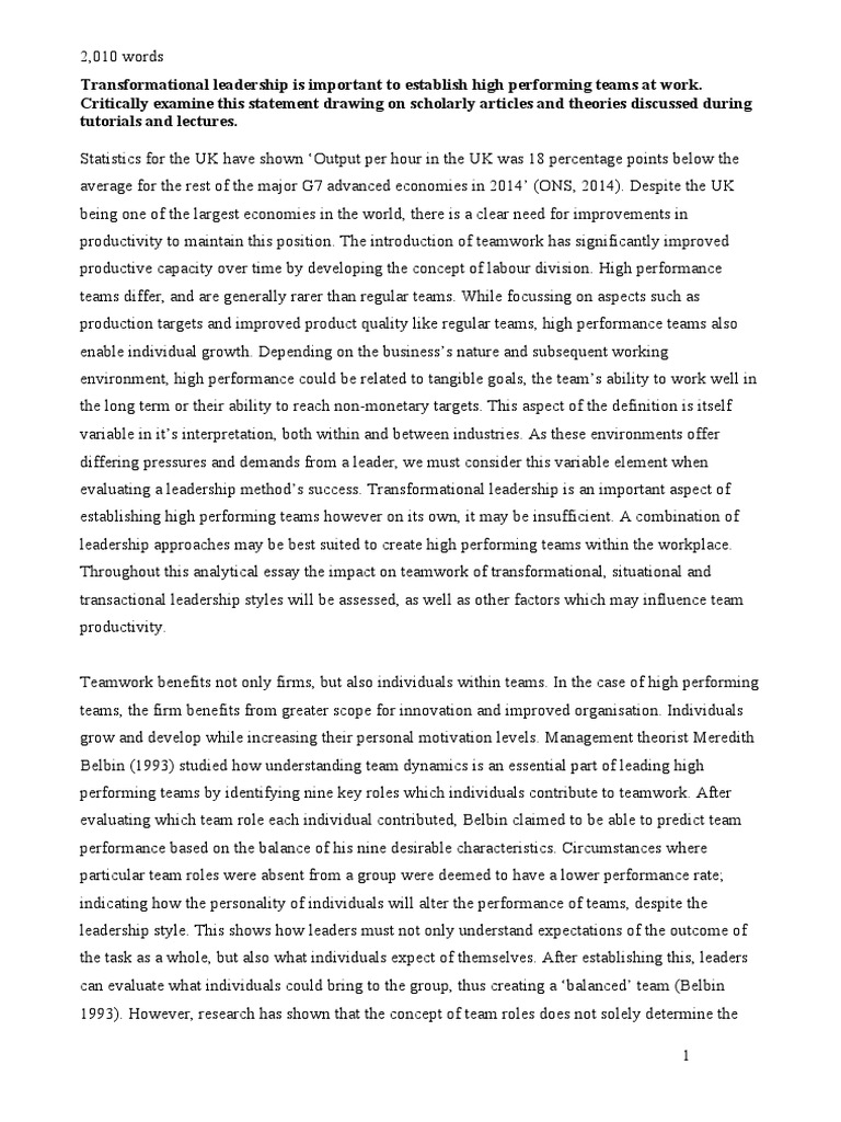 Sample Essay Transformational Leadership - B - BUSM069 | PDF | Transformational Leadership ...