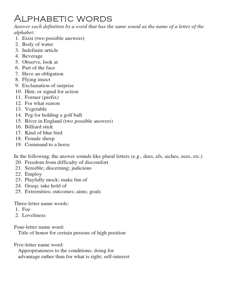Alphabetic Words: Answer Each Definition by A Word That Has The Same ...