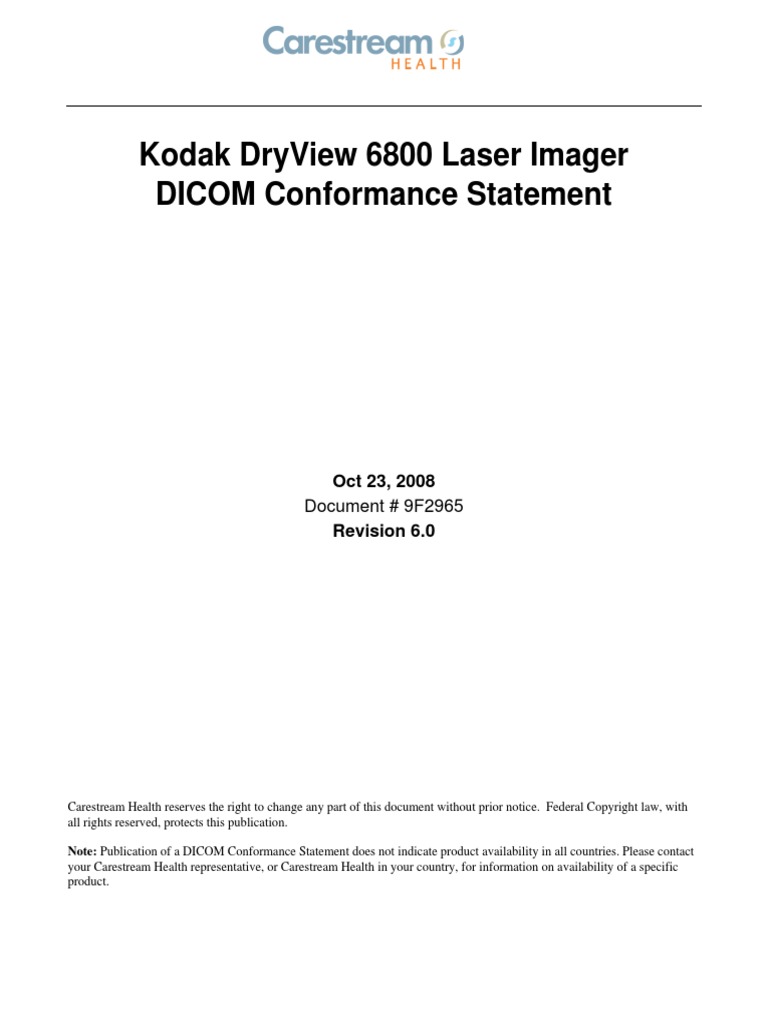Kodak Dryview 6800 Laser Imager Dicom Conformance Statement: Document # 9F2965 | PDF ...