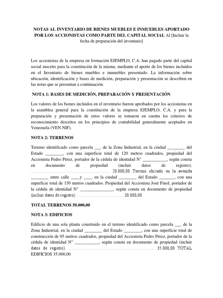 Notas Al Inventario de Bienes Muebles e Inmuebles Aportado Por Los ...