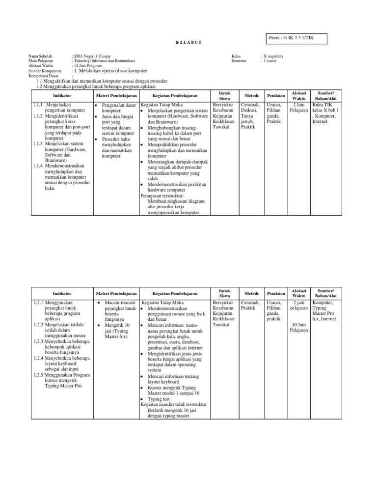 SILABUS TIK Kelas X Semester 1 | PDF