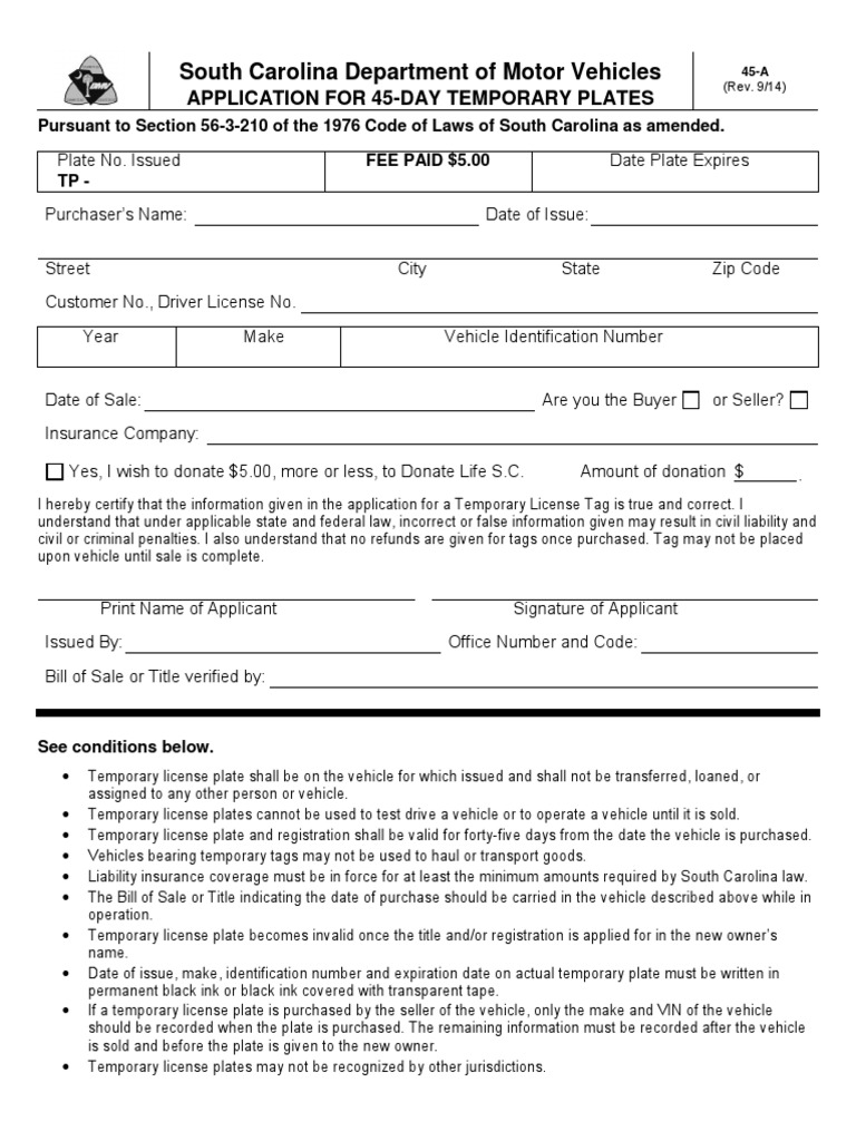 South Carolina Department of Motor Vehicles: Application For 45-Day ...