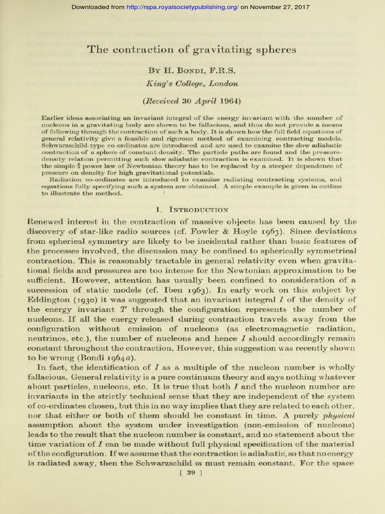 The Contraction of Gravitating Spheres - Bondi | PDF | General ...