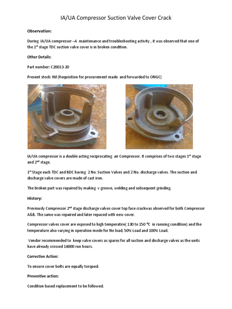 IA/UA Compressor Suction Valve Cover Crack: Observation | PDF