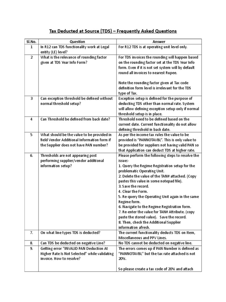 Tax Deducted at Source (TDS) - Frequently Asked Questions: SL - No ...