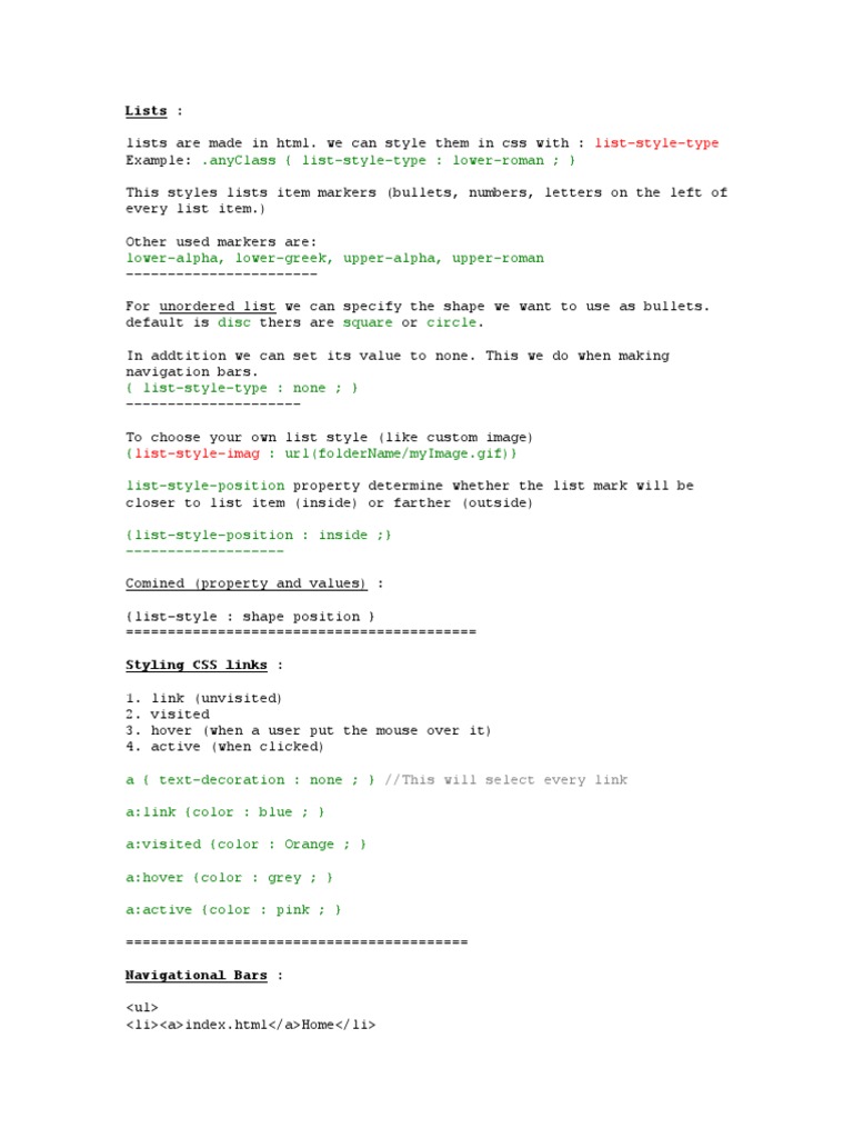 CSS Lists Links and Navigation Bars | PDF