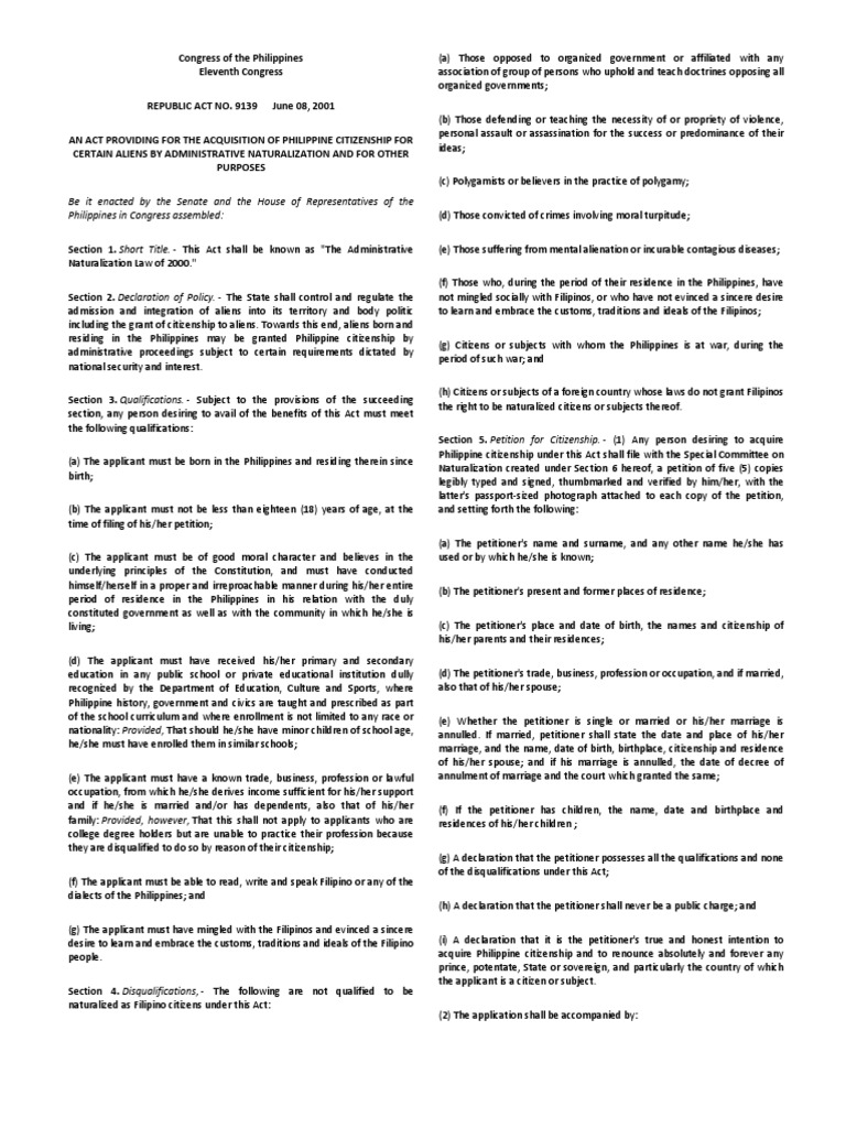 Ra 9139 | PDF | Naturalization | Citizenship