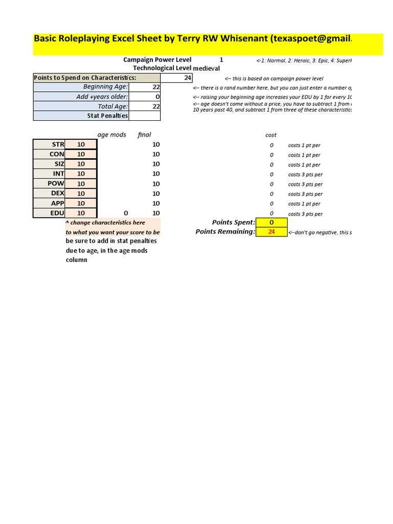 BRP Character Generator | PDF | Spreadsheet Software | Role Playing