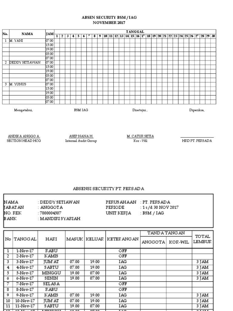 Absen Security BSM / Iag November 2017 | PDF