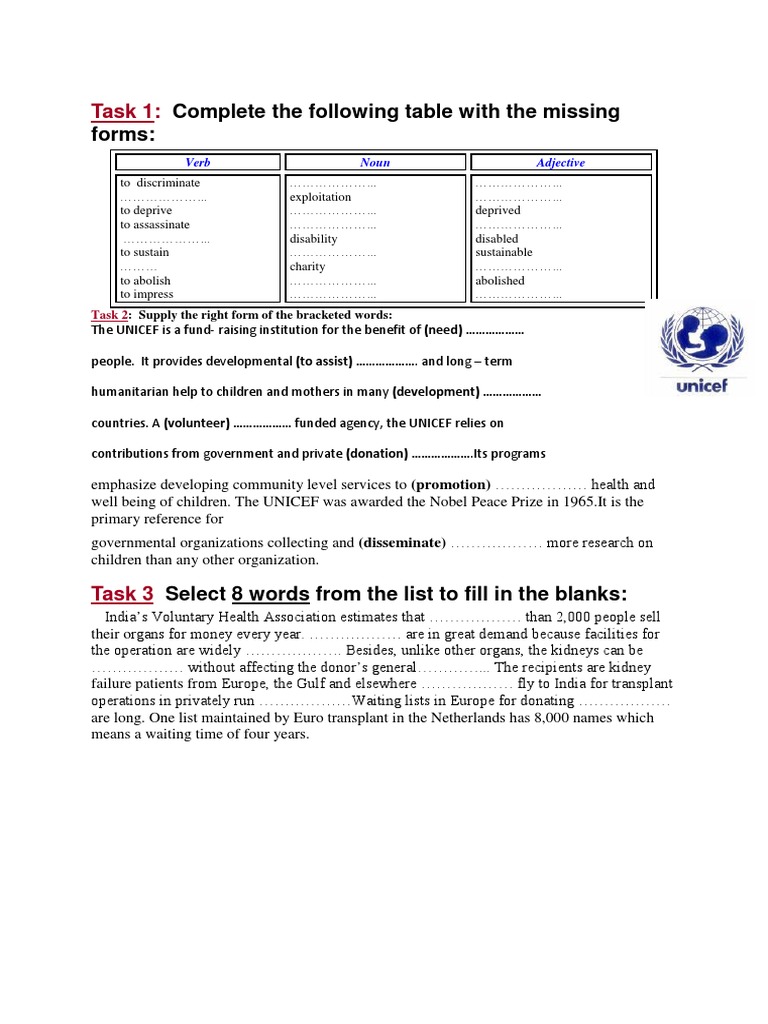 Task 1:: Complete The Following Table With The Missing Forms | PDF