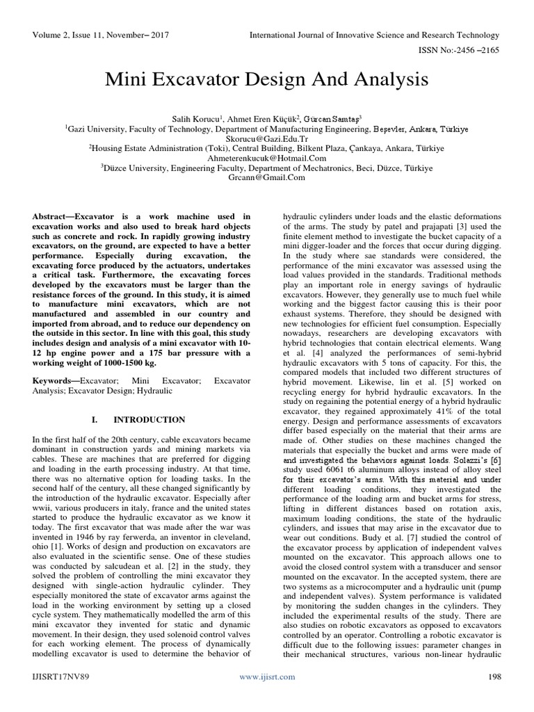 Mini Excavator Design and Analysis | PDF | Cylinder (Engine) | Gear