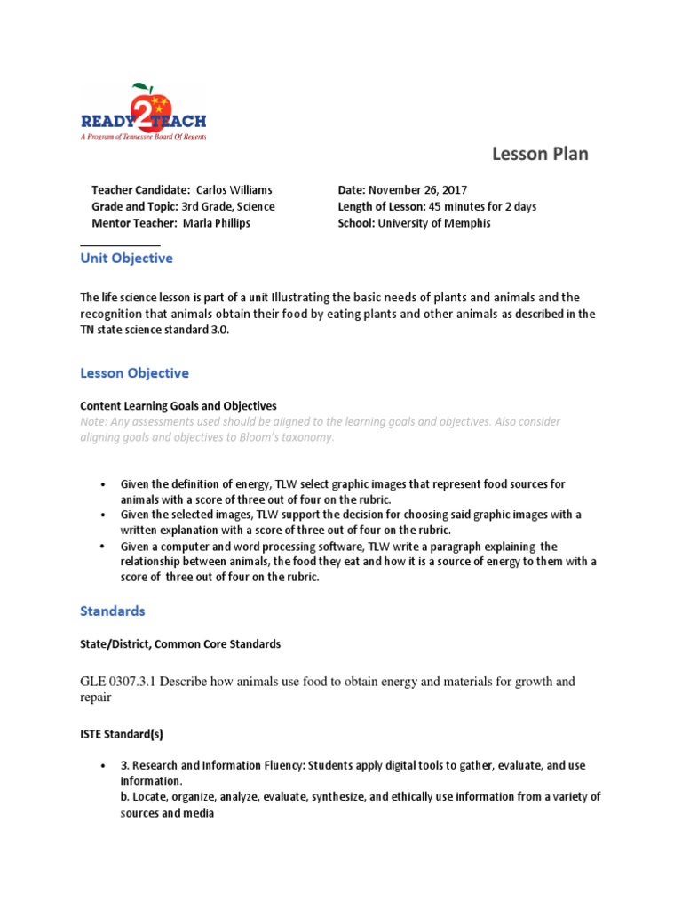 Edtpa Lesson Plan 2-Williams | PDF | Rubric (Academic) | Learning