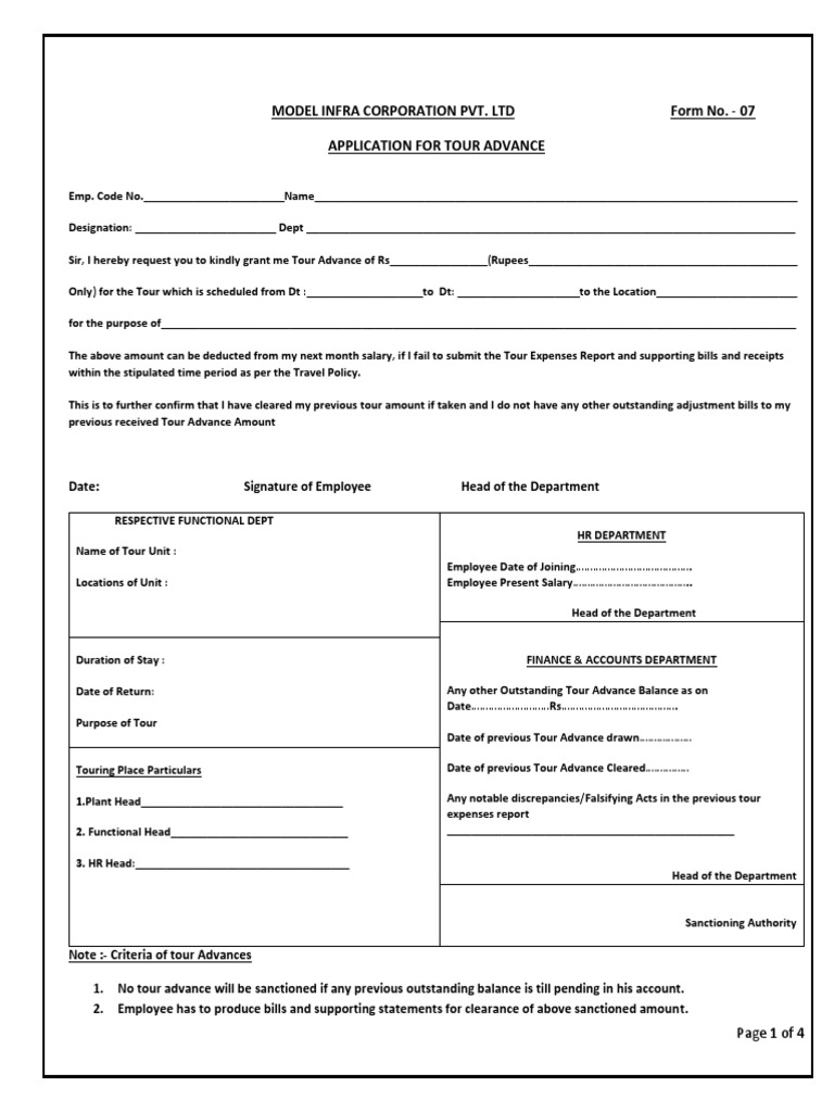 Tour Advance Application Form | PDF | Per Diem | Expense