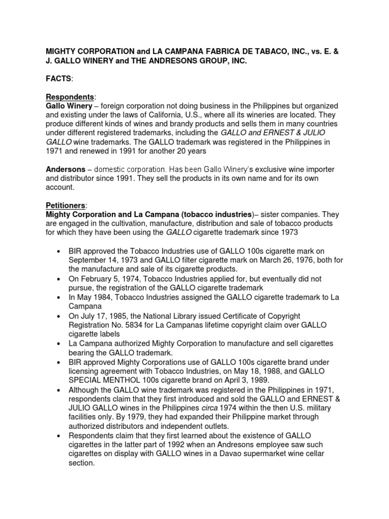 Trademark Dispute: GALLO Wines vs. Cigarettes | PDF | Trademark ...