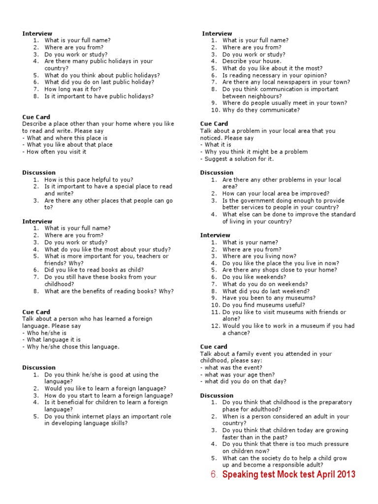 Speaking Test Mock Test April 2013: Interview | PDF | Friendship ...