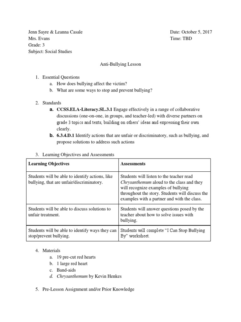 Chrysanthemum Anti-Bullying Lesson Plan | PDF | Bullying | Educational ...