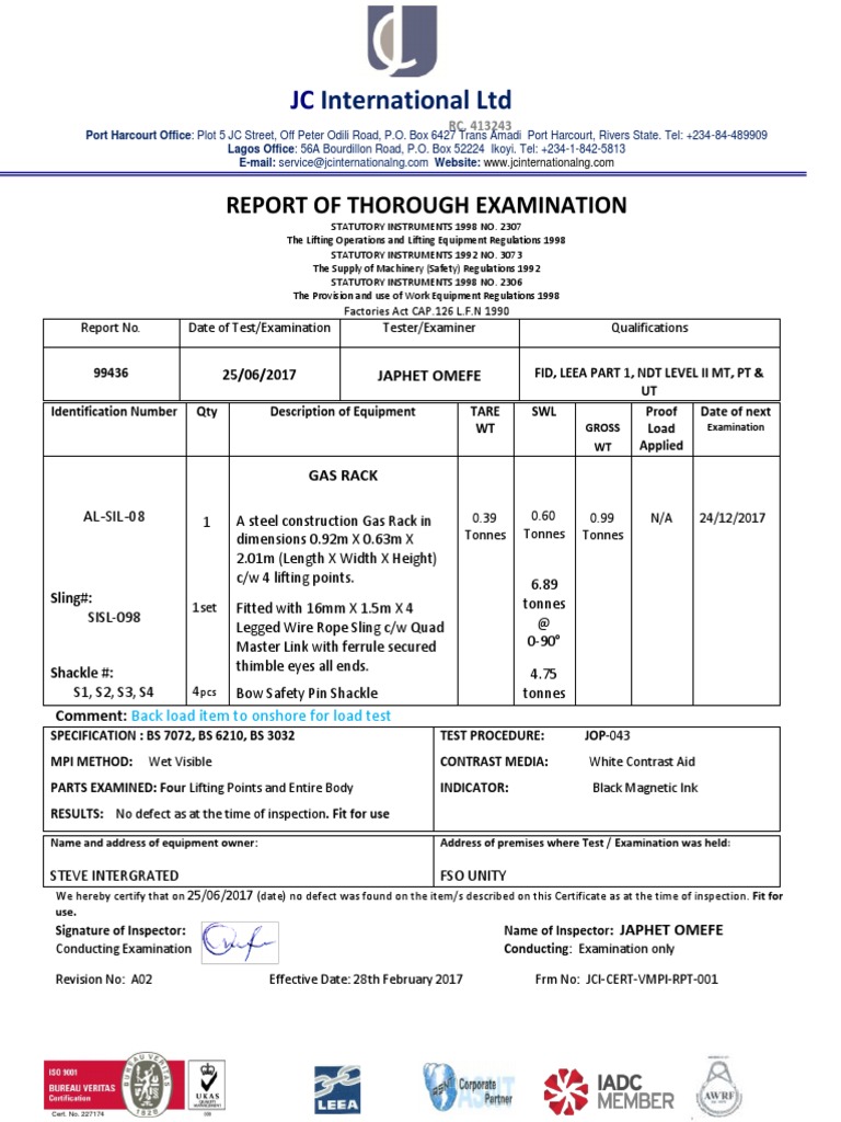 International LTD: Report of Thorough Examination | PDF | Manufactured ...