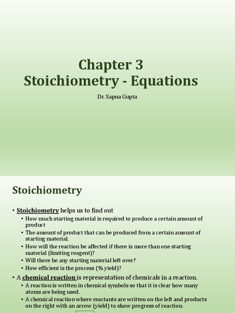 Stoichiometry - Equations: Dr. Sapna Gupta | PDF | Stoichiometry | Chlorine