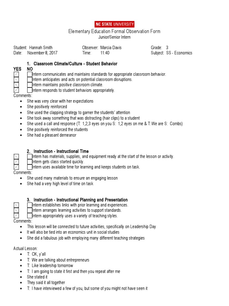 Elementary Education Formal Observation Form | PDF | Classroom ...