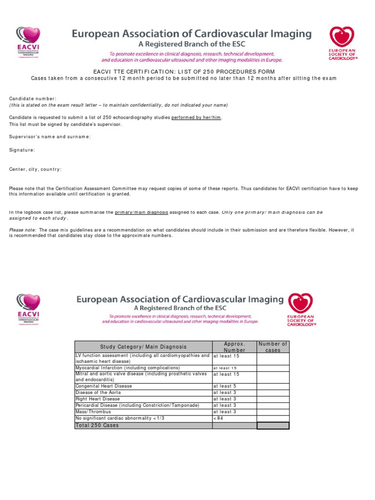 EACVI TTE 250 Case Log | PDF | Heart | Heart Valve