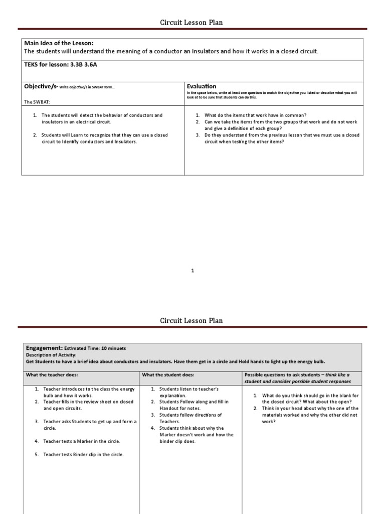 Circuit Lesson | PDF | Lesson Plan | Teaching
