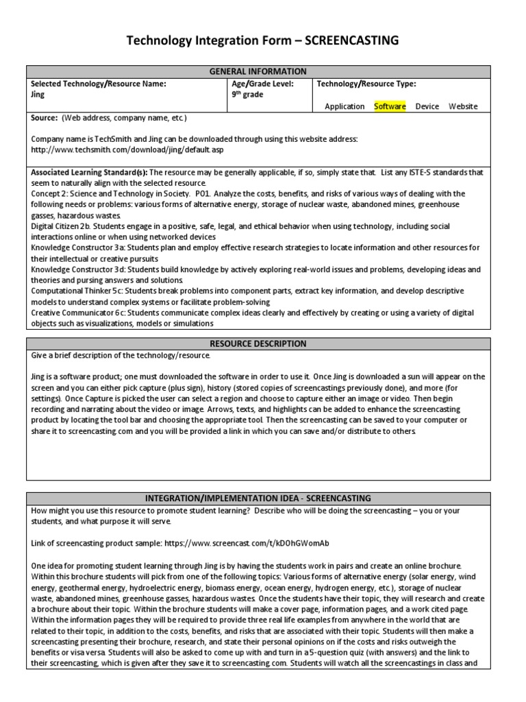 Technology Integration Form - SCREENCASTING: General Information | PDF | Cognitive Science ...