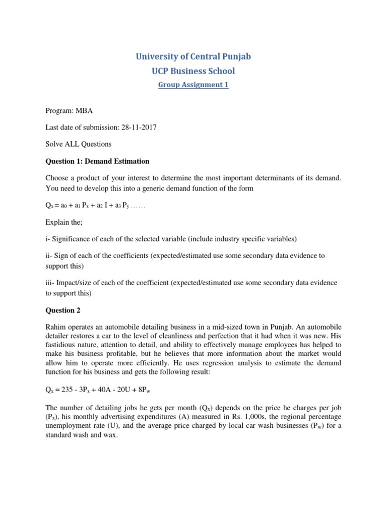 University of Central Punjab UCP Business School: Question 1: Demand ...