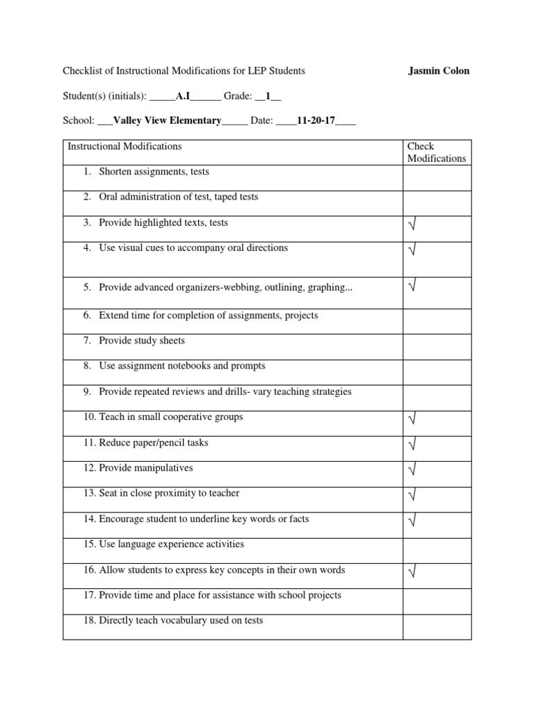 Ell Student Observation Checklist | PDF | Reading Comprehension ...