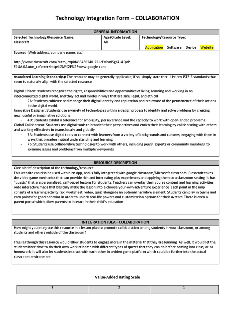 Technology Integration Template-Collaboration 2 | Download Free PDF | Teaching | Learning