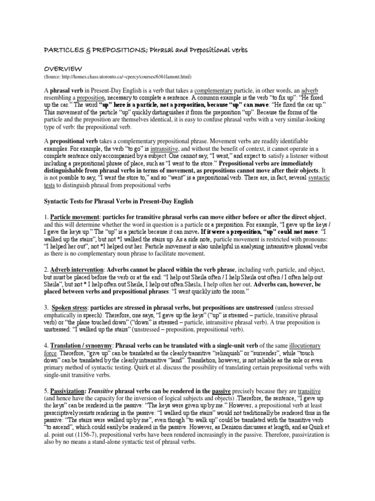 PARTICLES & PREPOSITIONS Phrasal and Prepositional Verbs | PDF ...