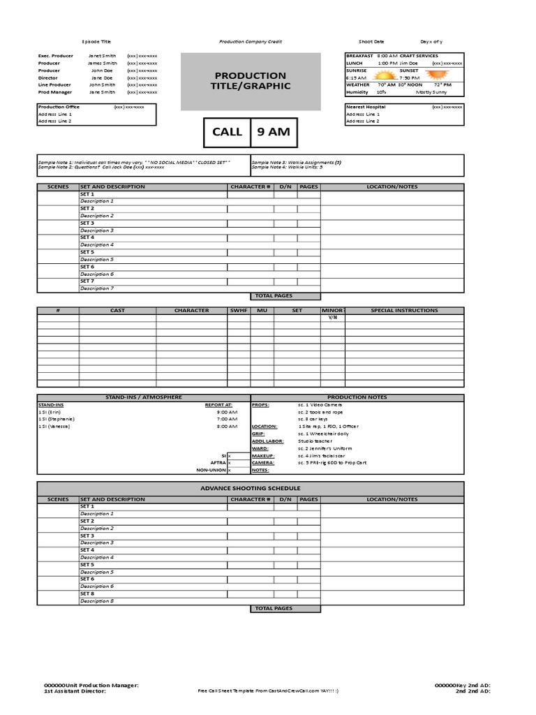 Cast and Crew Call - Call Sheet Template MAC | PDF | Filmmaking | Leisure