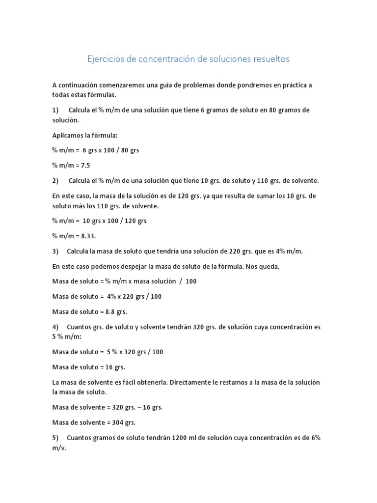 Ejercicios de Concentración de Soluciones Resueltos | PDF | Concentración | Mole (Unidad)