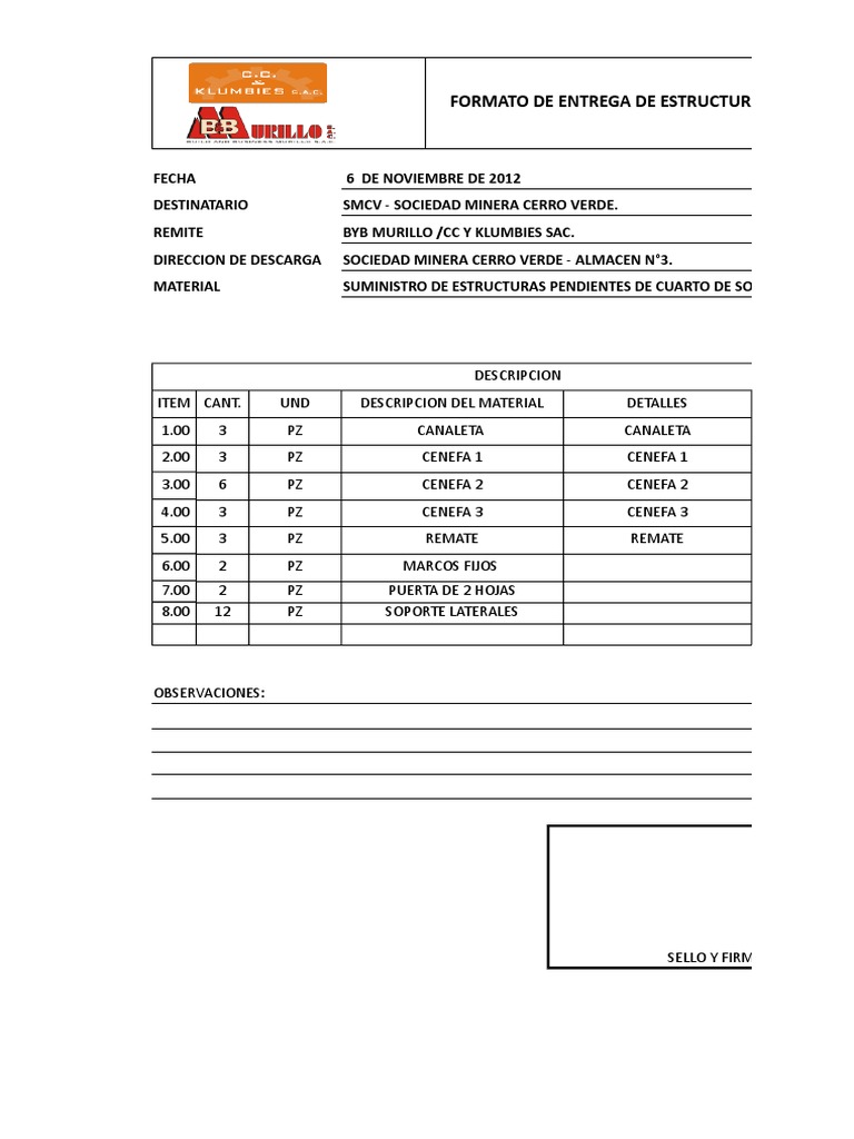 Formato de Entrega de Materiales Formato de Entrega de Materiales