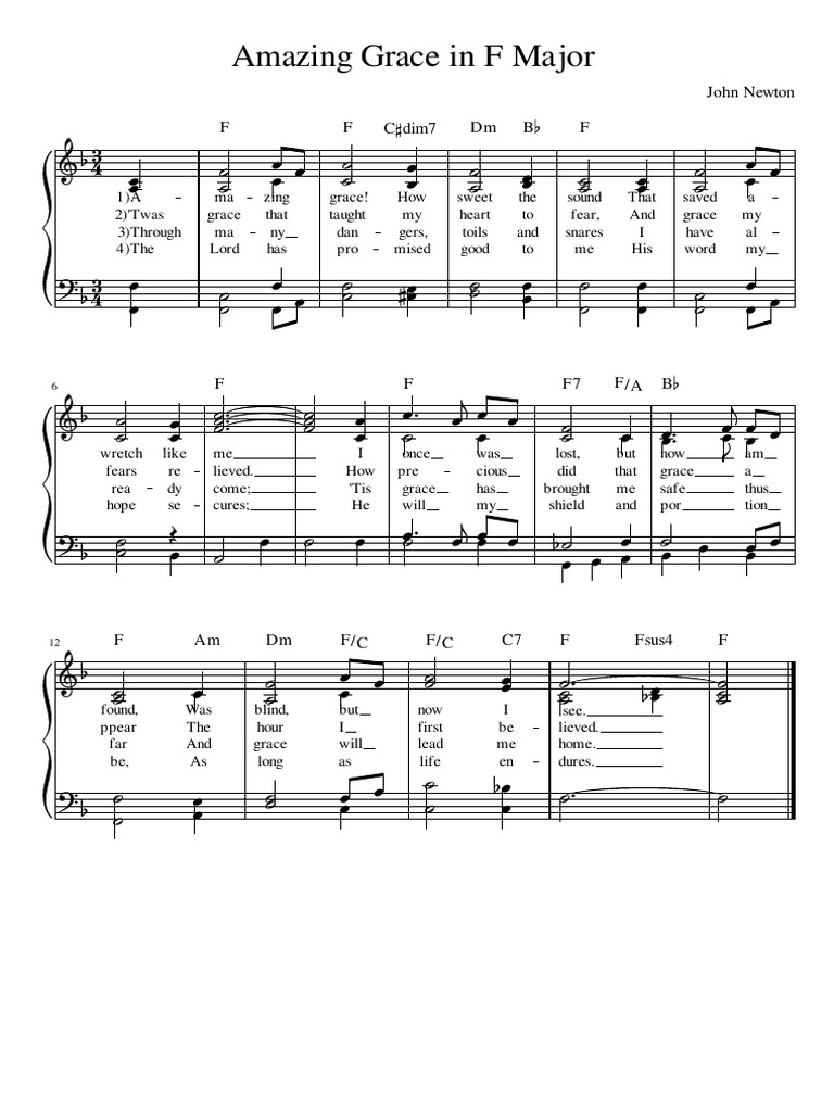 Amazing - Grace - in - F - Major Piano and Chords 4 Verses | PDF