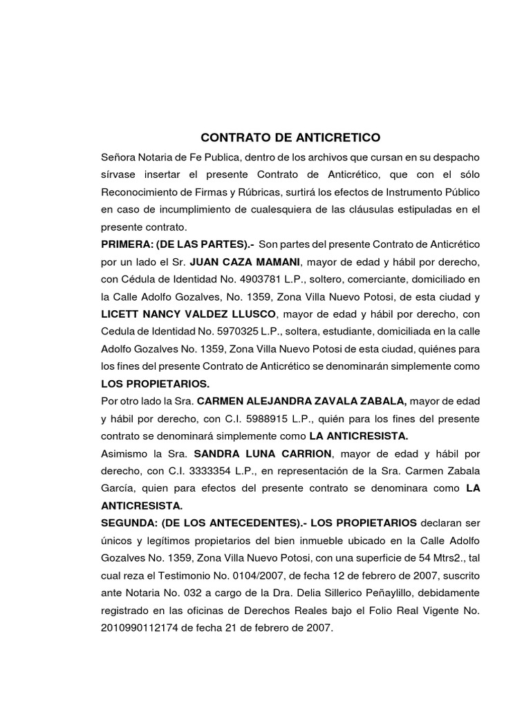 Contrato de Anticretico | PDF | Pagos