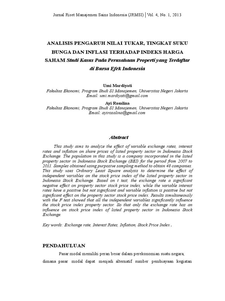 Analisis Pengaruh Nilai Tukar, Tingkat Suku Bunga Dan Inflasi Terhadap Indeks Harga SAHAM Studi ...