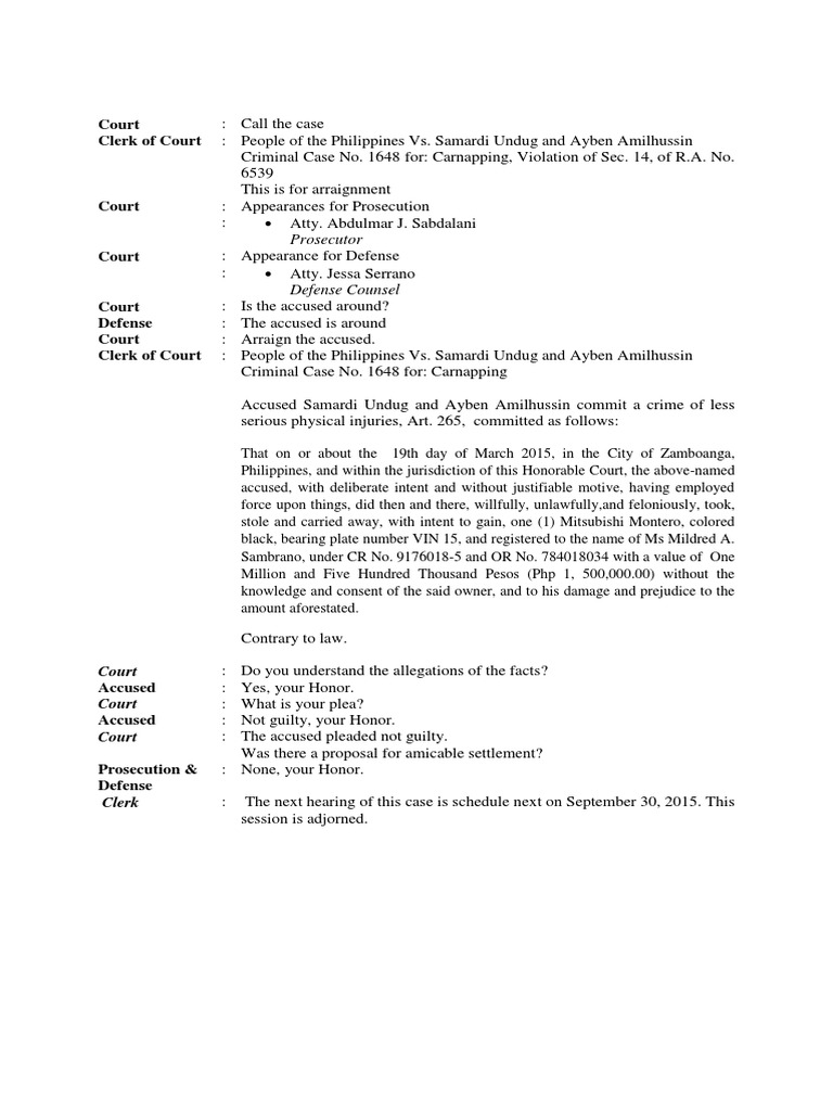 The People vs. Samardi Undug and Ayben Amilhussin: Arraignment and ...