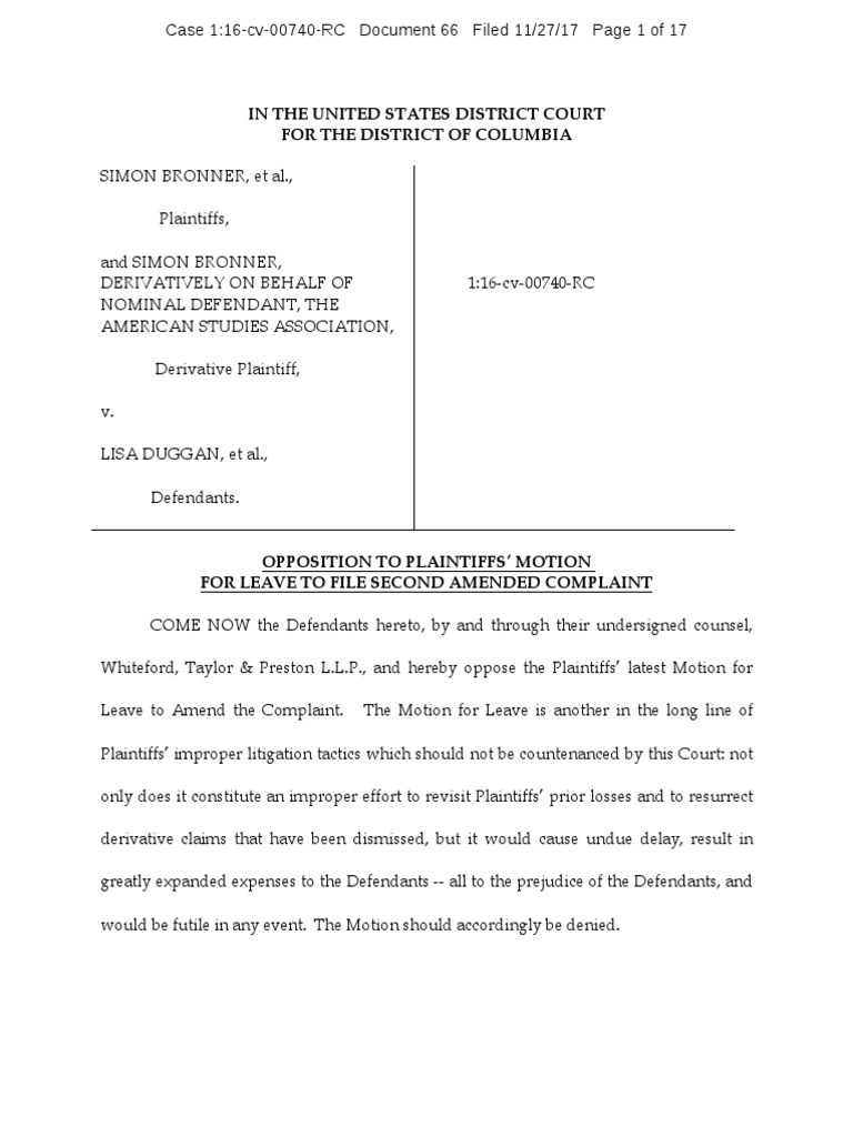 Bronner V American Studies - Opposition To Motion For Leave To File Second Amended Complaint ...
