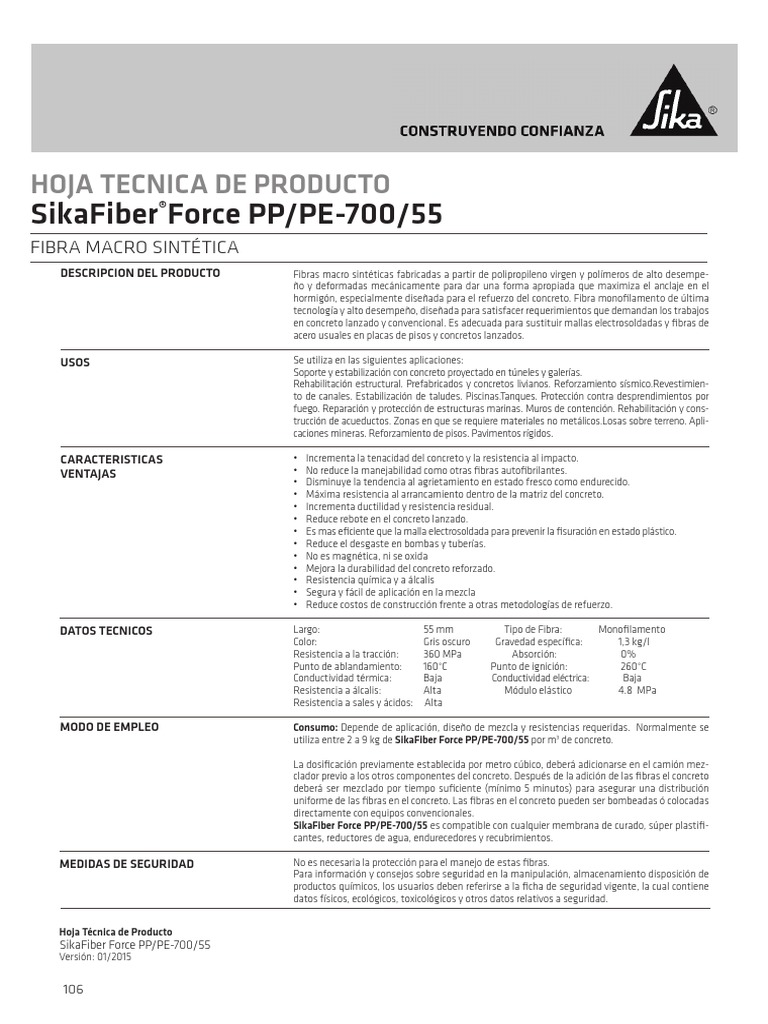 Co-Ht - SikaFiber Force PP PE 700 55 | PDF | Hormigón | Materiales